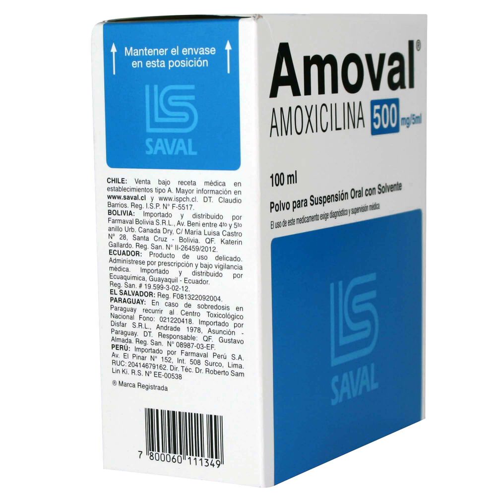 Amoval Amoxicilina 500 mg/5ml Suspensión 100 mL