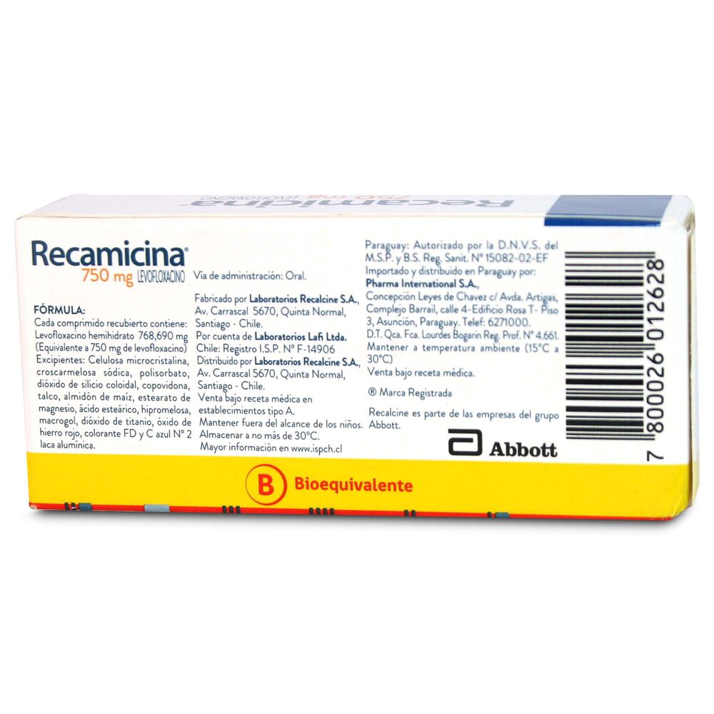 Recamicina Levofloxacina 750 mg 10 Comprimidos Recubierto