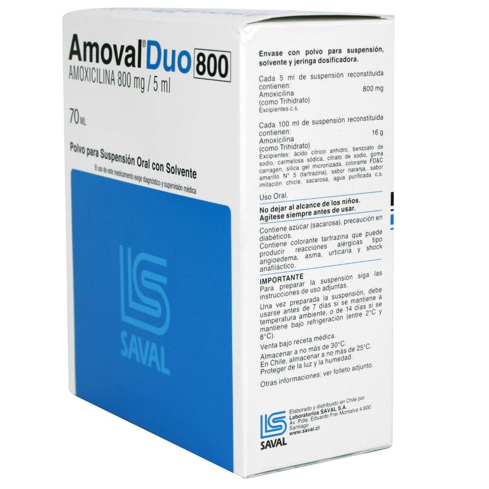 Amoval Duo Amoxicilina 800 mg/5ml Suspensión 70 mL