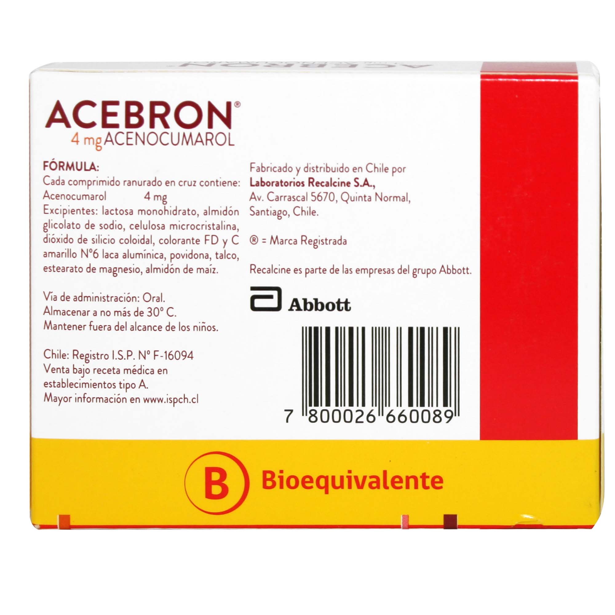 Acebron Acenocumarol 4 mg 20 Comprimidos Ranurado | Cruz Verde