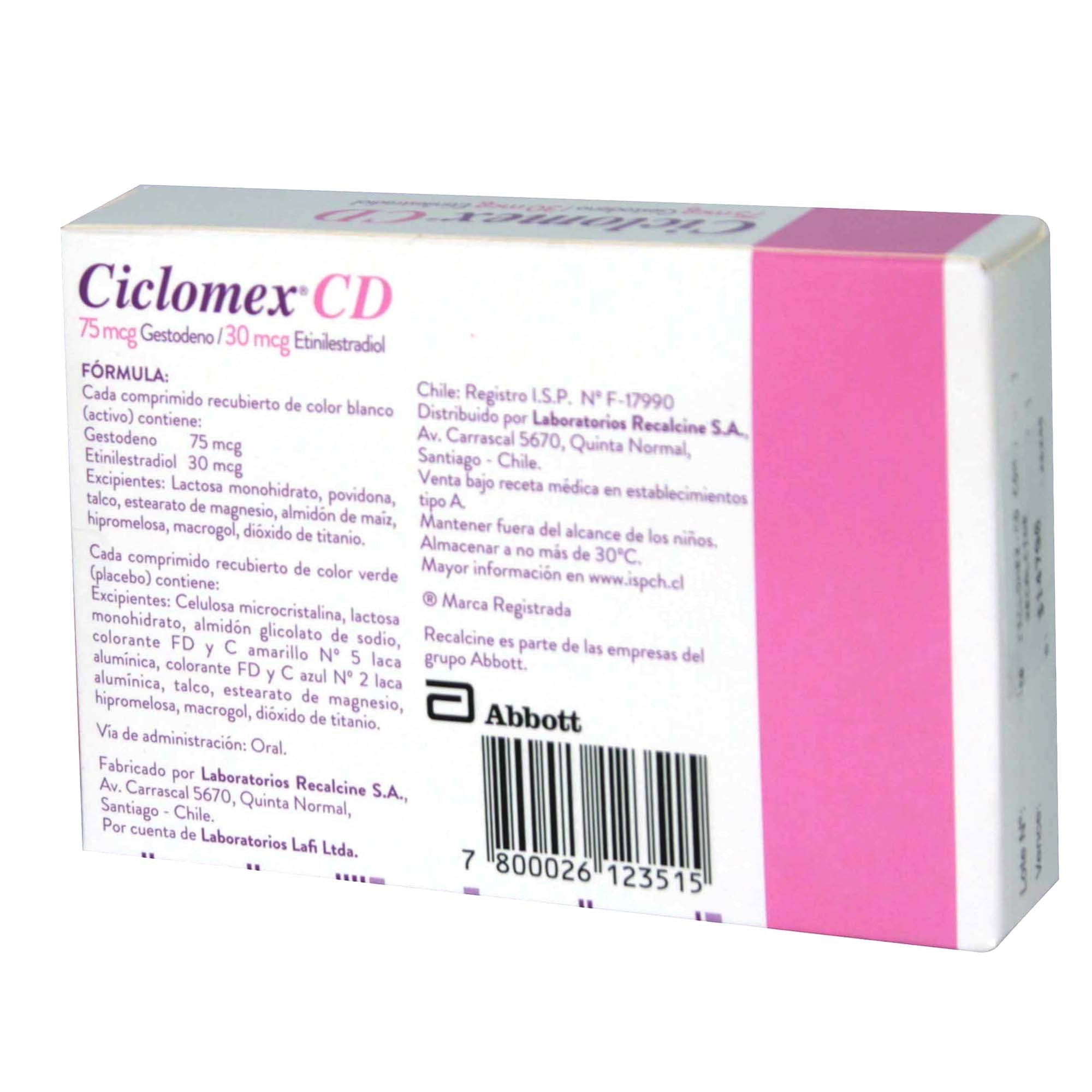 Ciclomex CD Gestodeno 75 mcg Etinilestradiol 30 mcg 28 Comprimidos Recubiertos | Cruz Verde