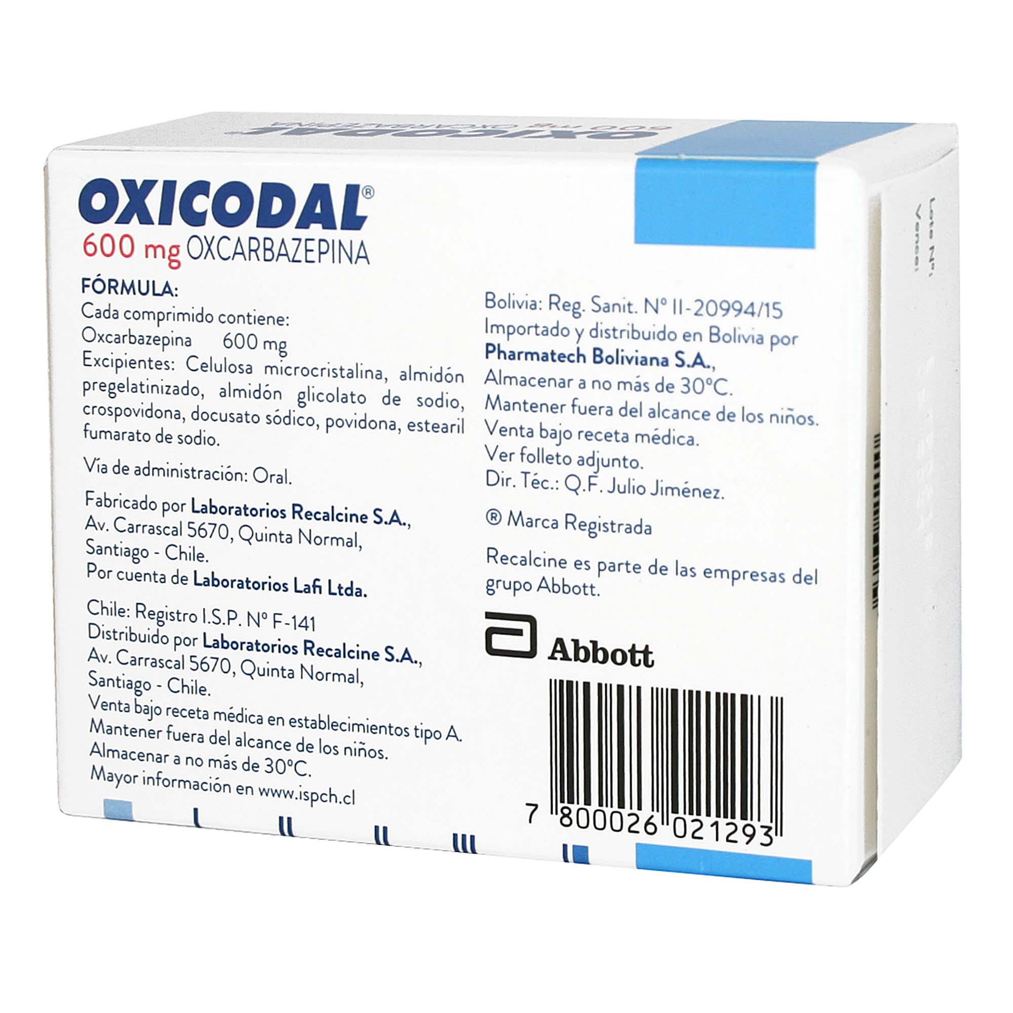 Oxicodal Oxcarbazepina 600 mg 30 Comprimidos | Cruz Verde