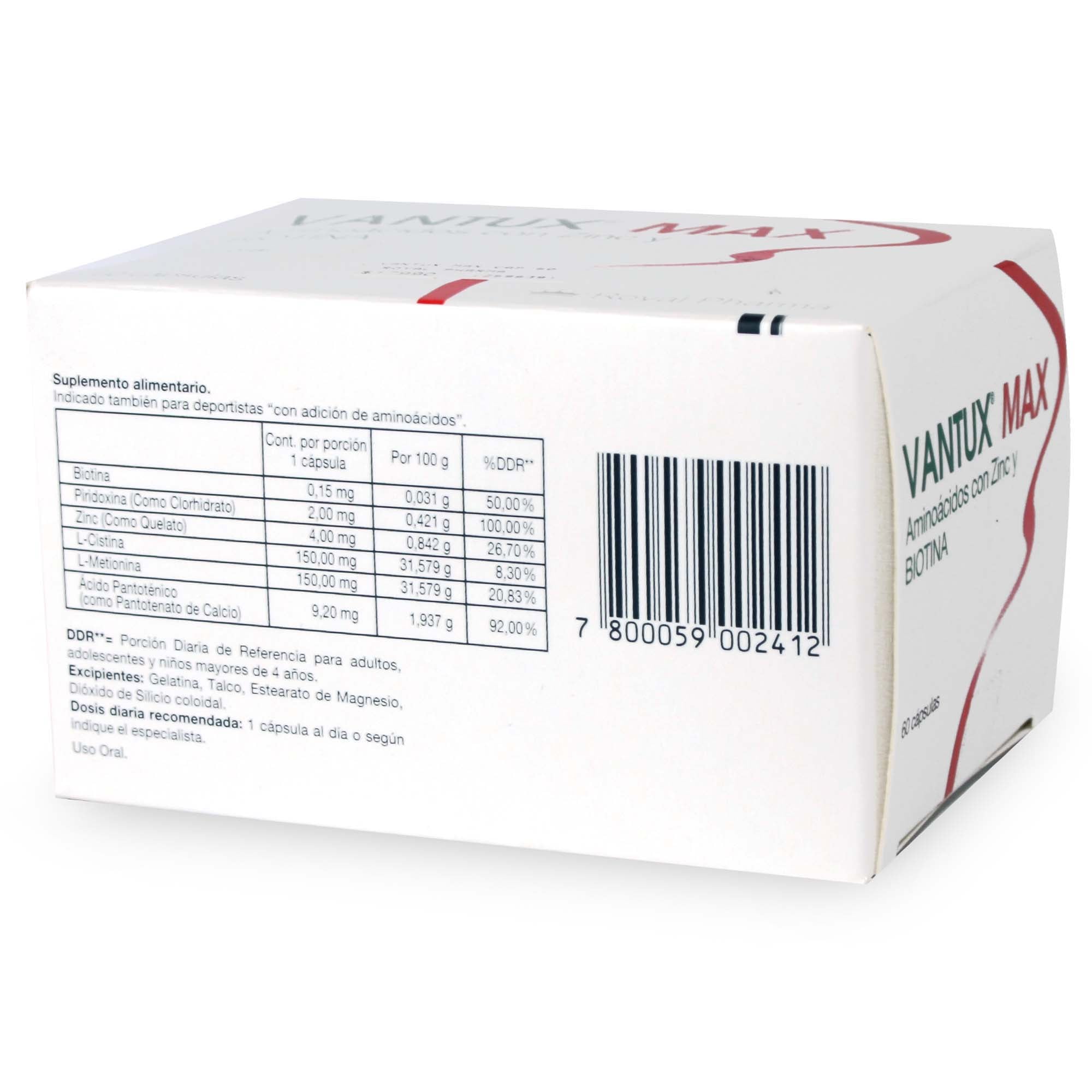 Vantux Max Aminoácidos con Zinc y Biotina 0,15 mg 60 Cápsulas | Cruz Verde