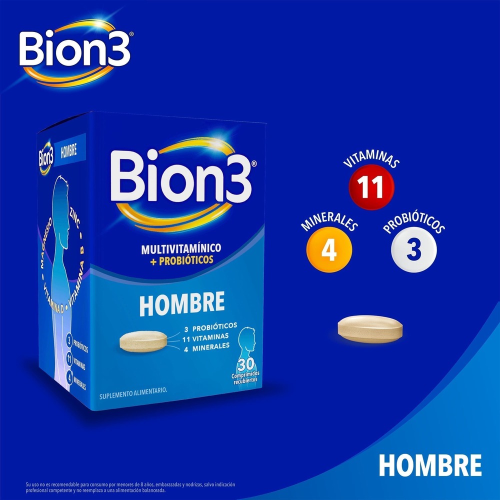 Bion3 Hombre Multivitamínico con Probióticos 30 Comprimidos | Cruz Verde