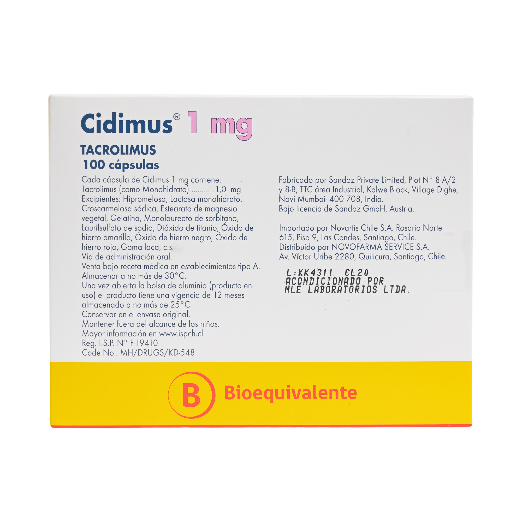 Cidimus Tacrolimus 1 mg 100 Cápsulas | Cruz Verde