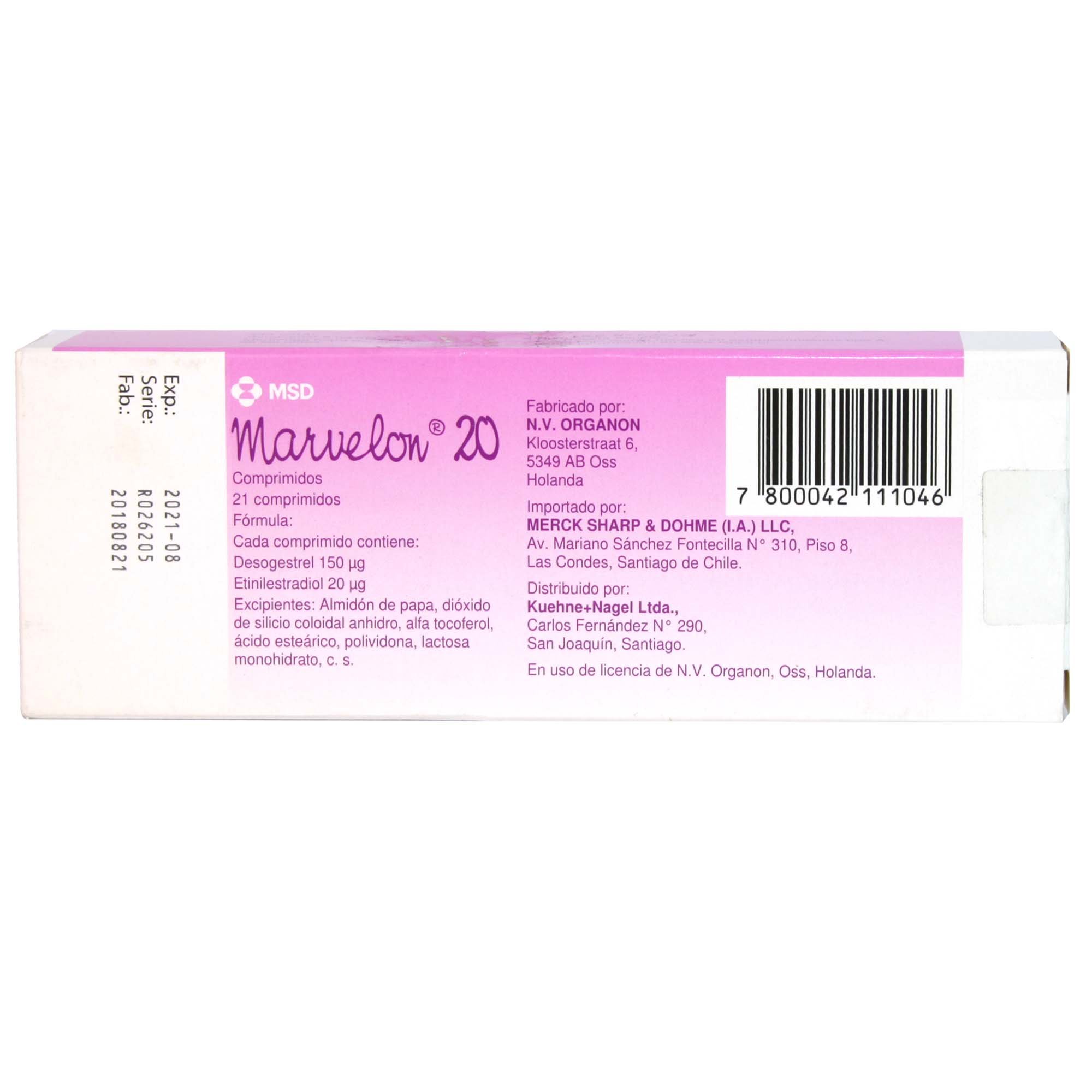 Marvelon-20 Desogestrel 150 mcg Etinilestradiol 20 mcg 21 Comprimidos ...