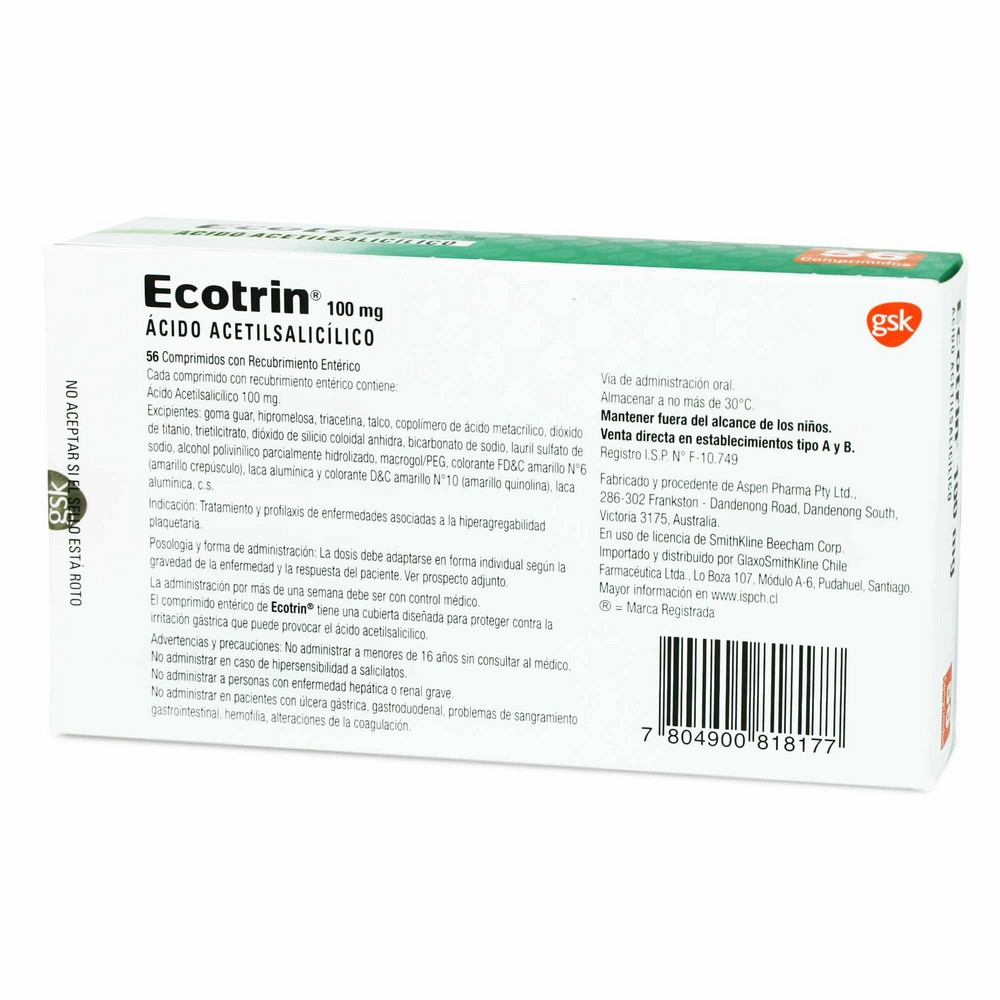 Ecotrin Acido Acetilsalicilico 100 mg 56 Comprimidos | Cruz Verde