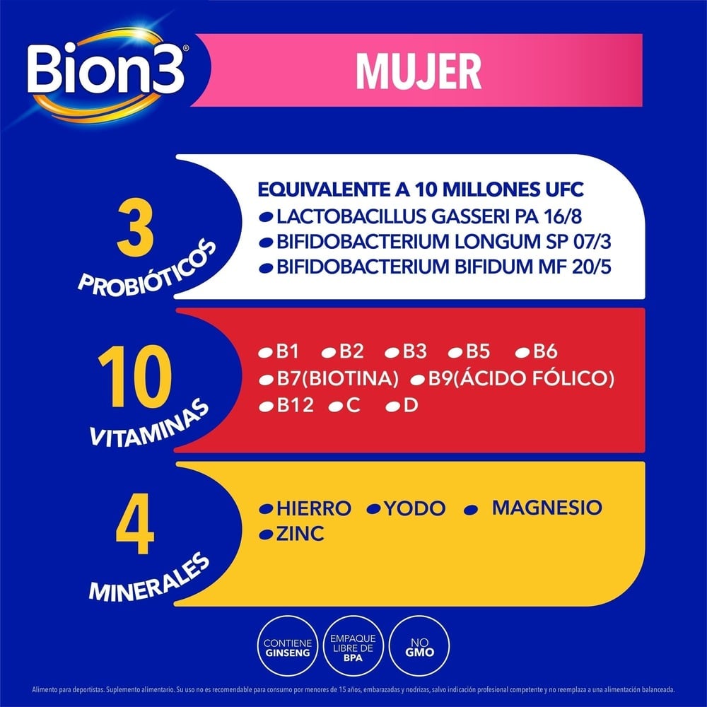 Bion3 Mujer Multivitamínico con Probióticos 30 Comprimidos | Cruz Verde