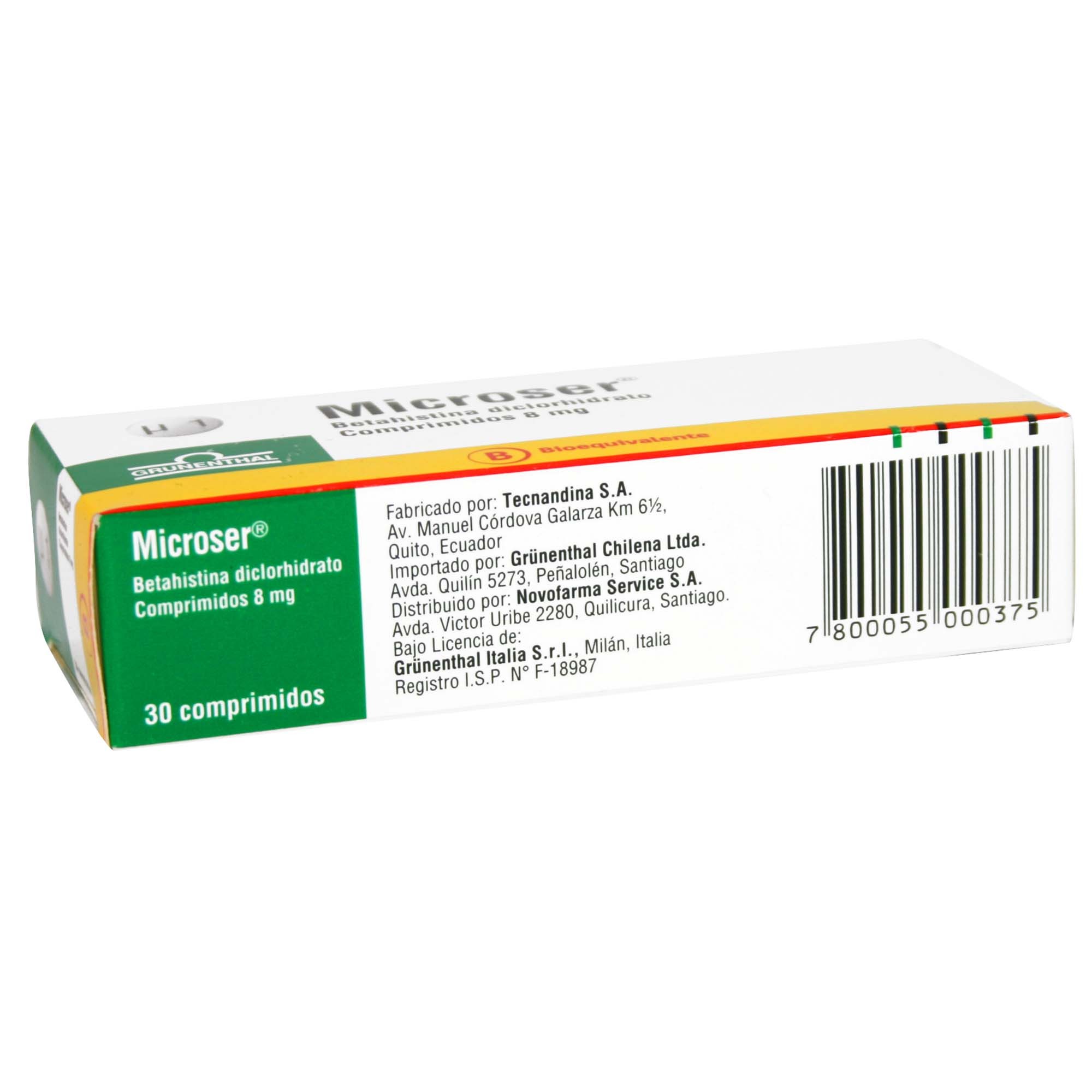 Microser Betahistina 8 mg 30 Comprimidos | Cruz Verde