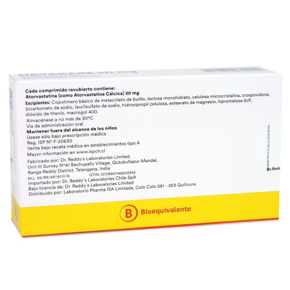 Orvakare Atorvastatina 20 mg 30 Comprimidos Recubiertos | Cruz Verde