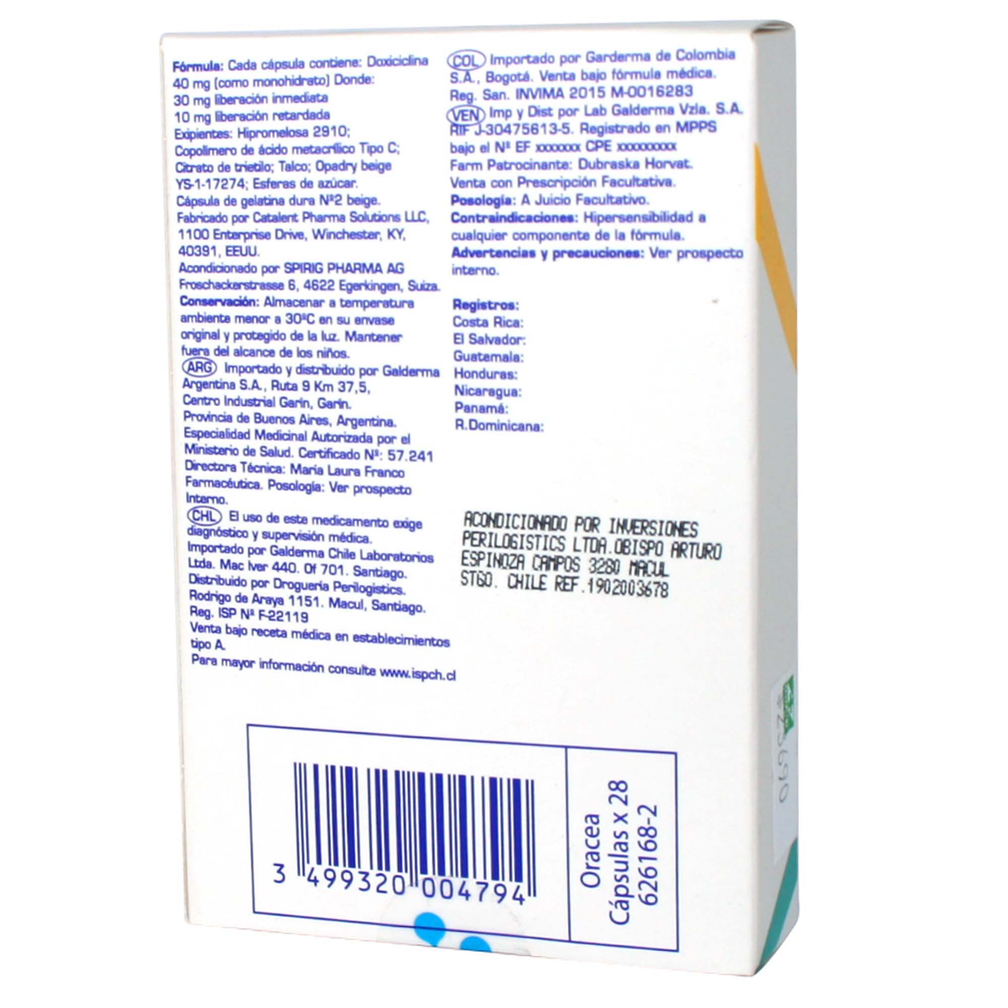 Oracea Doxiciclina 40 mg 28 Cápsulas Liberación Prolongada | Farmacias ...